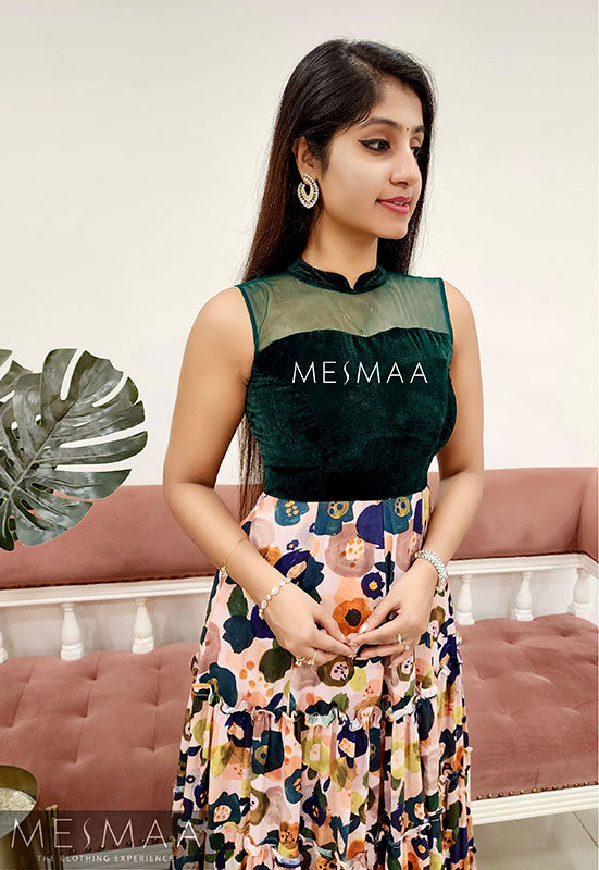 Bottle green peach floral gown – Mesmaa