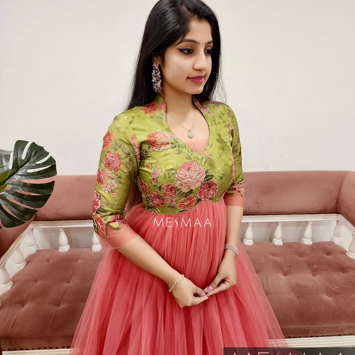 Green coral flared gown. – Mesmaa