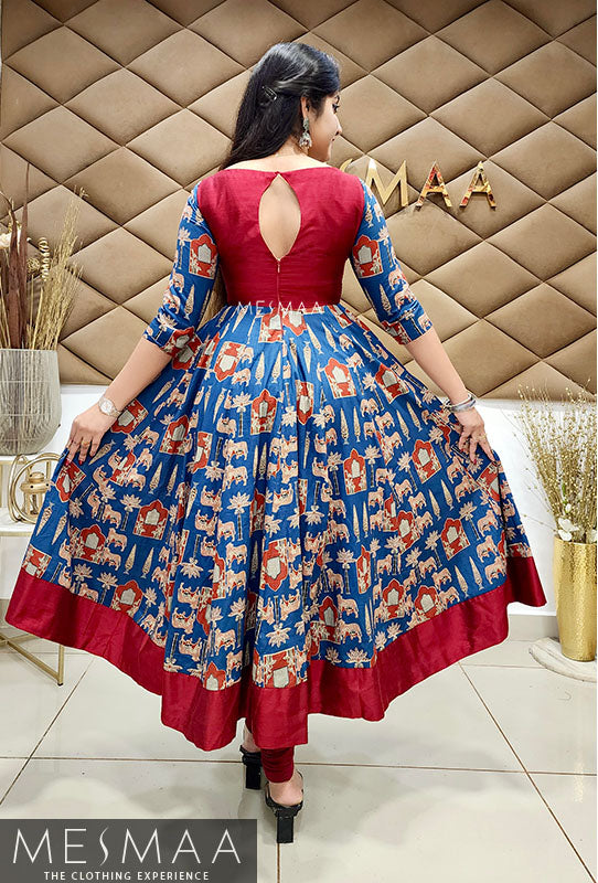 Indigo blue dark red flared anarkali – Mesmaa