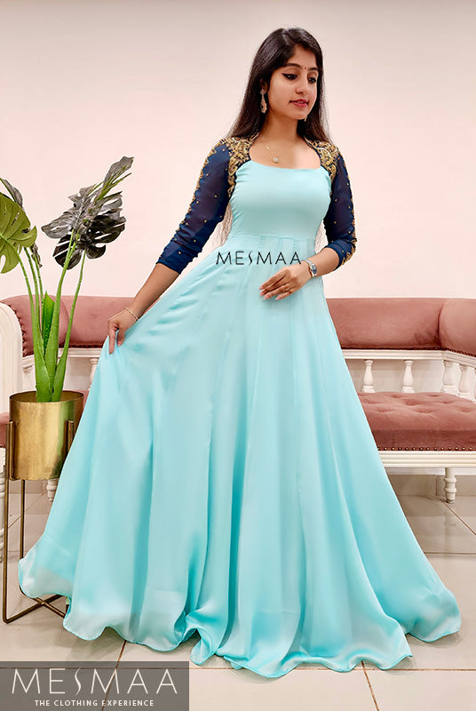 Turquoise blue - peacock blue handworked gown – Mesmaa