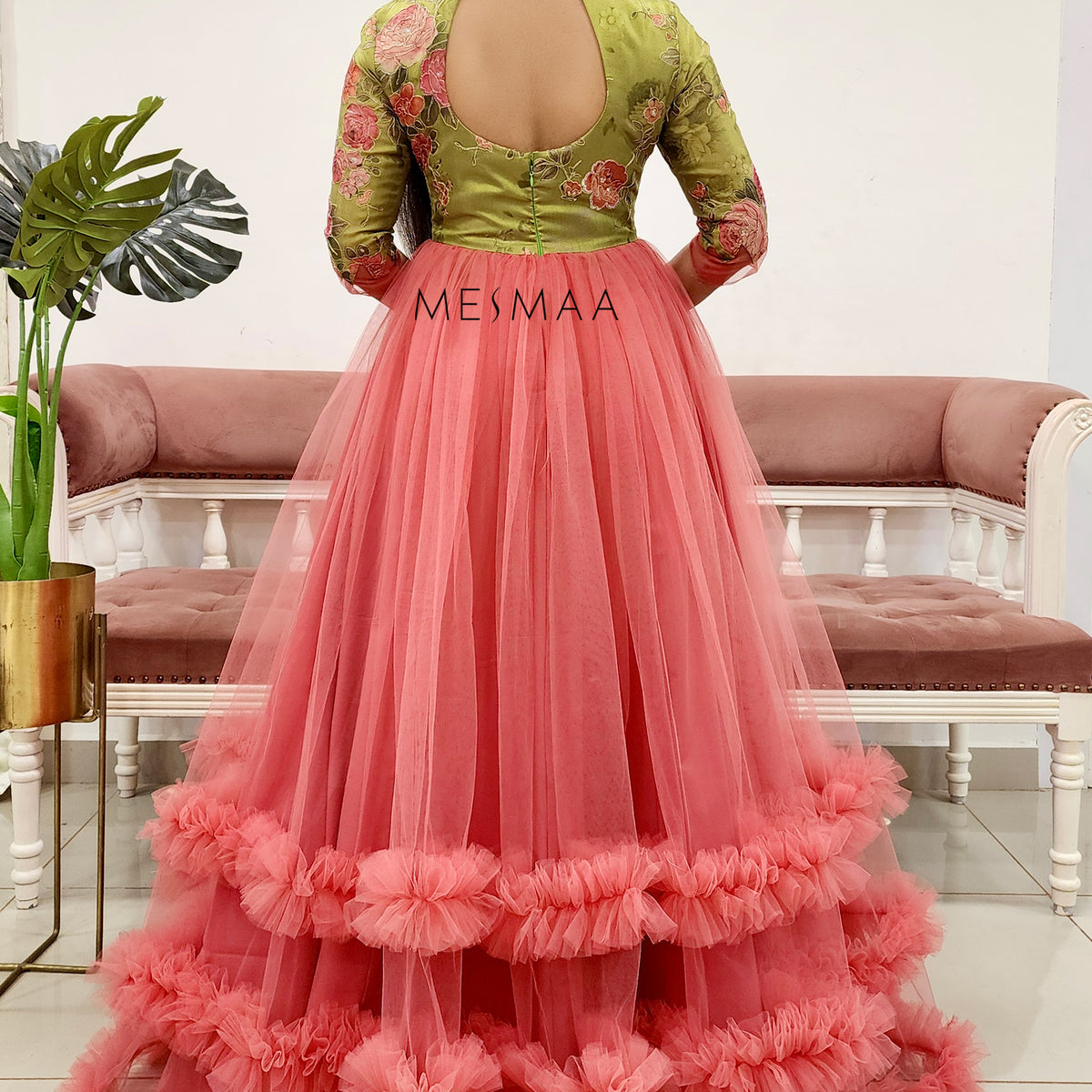 Green coral flared gown. – Mesmaa