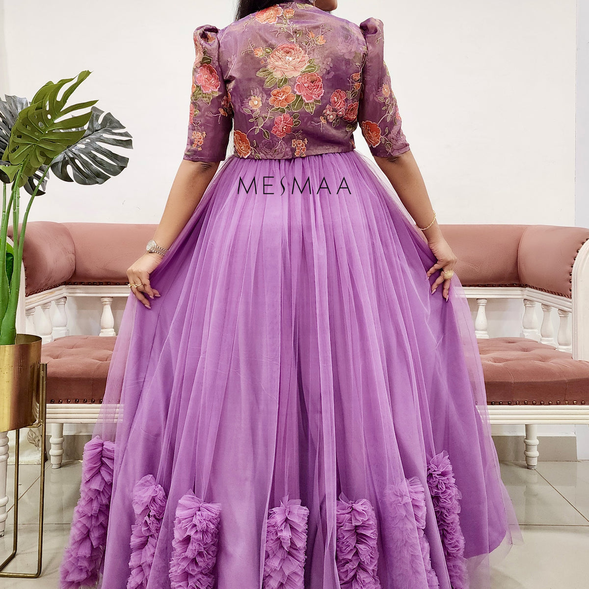 Lavender flared gown. – Mesmaa